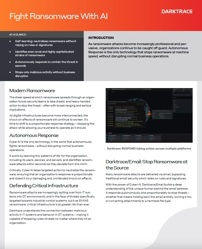 Fight Ransomware With AI | Data Sheet | Darktrace Resource